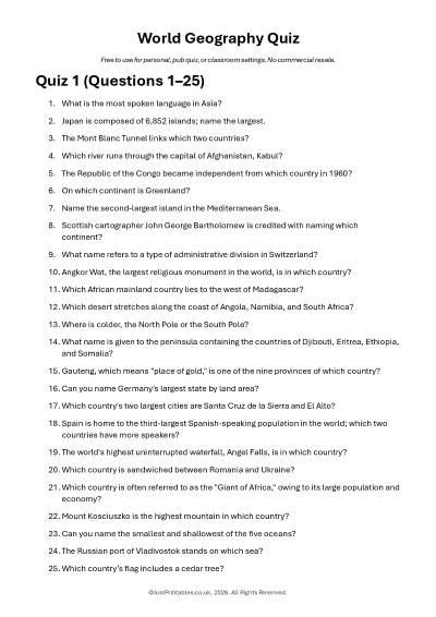 World Geography Quiz | Free Printable Geography Quiz PDF