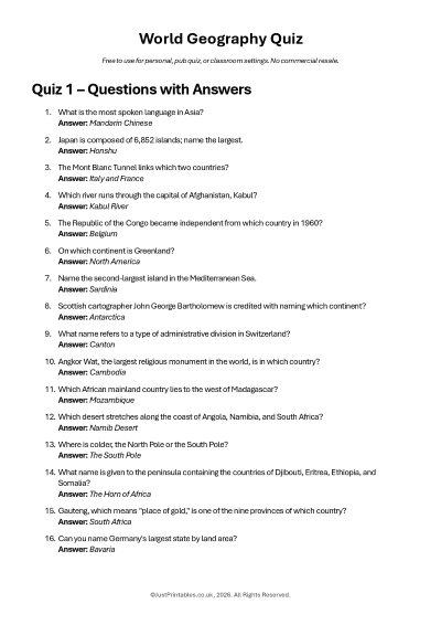 World Geography Quiz | Free Printable Geography Quiz PDF